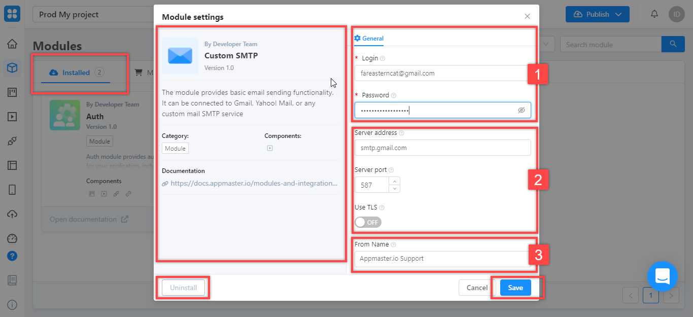 Configuring the Custom SMTP module | AppMaster
